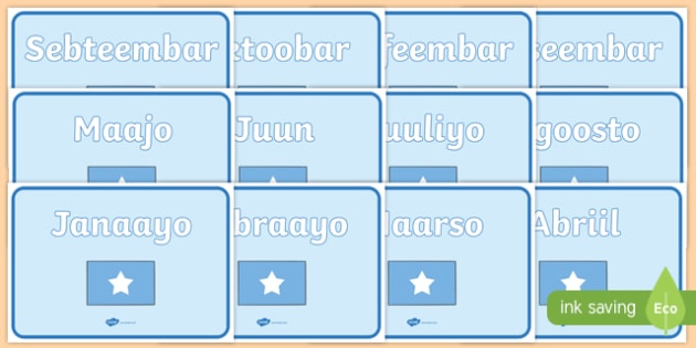 Months of the Year Signs EAL Somali (teacher made)
