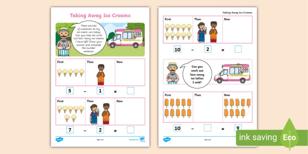 👉 Taking Away Ice Creams First, Then, Now Story Worksheet