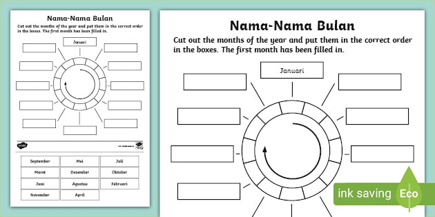 Months of the Year Cut and Stick Circle Worksheet Indonesian