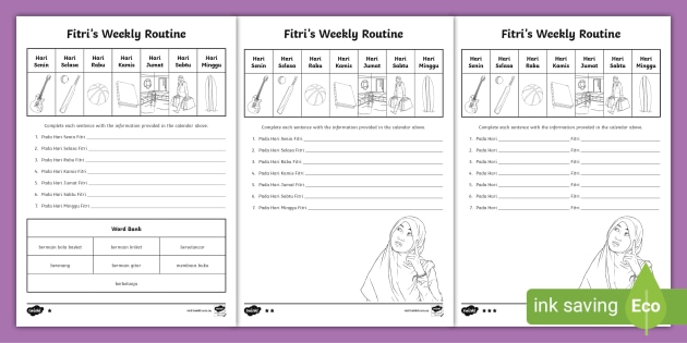 Weekly Routine Differentiated Worksheet Indonesian