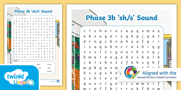 Northern Ireland Linguistic Phonics 3b 'sh/s' Sound Word Search