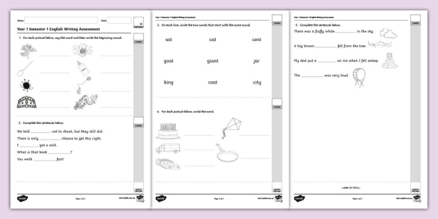 Year 1 Semester 1 English Writing Assessment - Twinkl