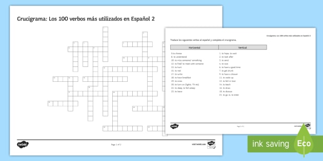 100 High Frequency Verbs 2 Crossword Spanish (teacher made)