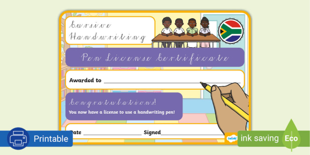 Cursive Handwriting Pen Licence Certificate (teacher made)
