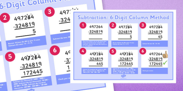 Subtracting 6-Digit Numbers Using Column Method Display Poster