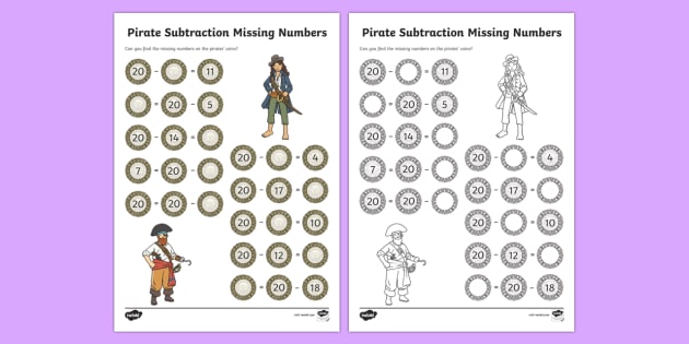 Pirate Themed Missing Numbers Subtraction Within 20 Worksheet / Worksheet
