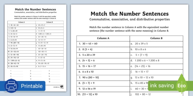 Number Sentence Worksheets 4th Grade Commutative Property Of Addition