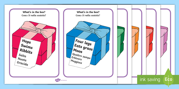 'What's In The Box?' Drawing Inferences Cards Words Only English/Italian
