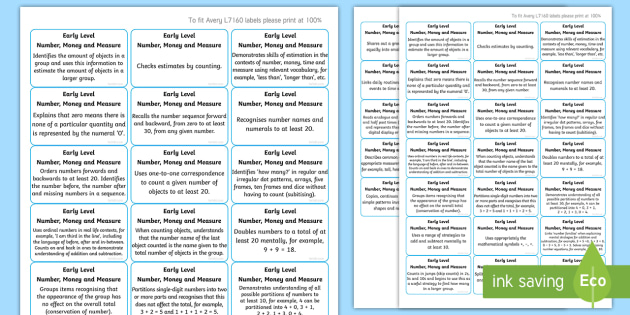 CfE Early Level Number, Money and Measure Benchmark Assessment Stickers