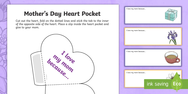 Mother's Day Heart Pocket Activity - cutouts, mom, i love my mom, gift ...