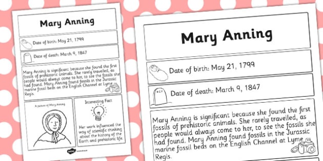 Mary Anning Significant Individual Fact Sheet - fact, sheet