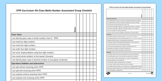 1999 Curriculum 4th Class Maths Number Assessment Group Checklist