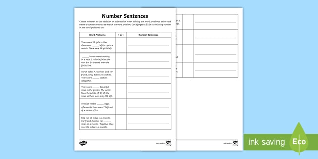Create Addition and Subtraction Number Sentences Worksheet
