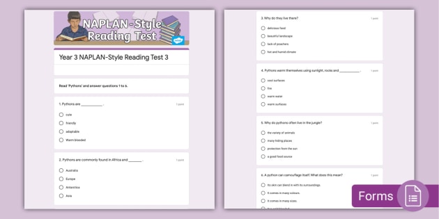 Year 3 Naplan-Style Reading Test 3 Google Form