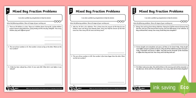 Mixed Bag Fraction Problems Differentiated Worksheet / Worksheets