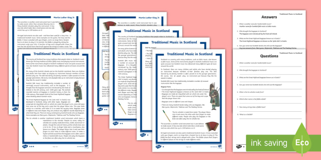 Traditional Music in Scotland Differentiated Reading Comprehension Activity