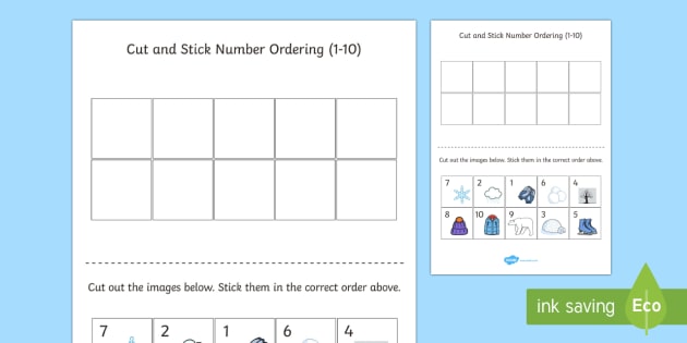 Winter Themed Cut and Stick Number Ordering Sheets 1-10 - number