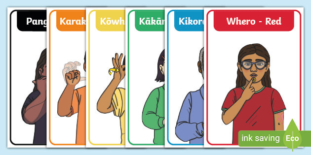 Colours in Sign Language with English and Te Reo Māori.