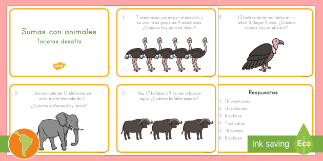 Tarjetas de preguntas: Problemas de sumas y restas con animales