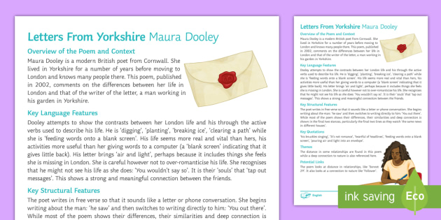 GCSE 'Letters From Yorkshire' by Maura Dooley Revision Sheet