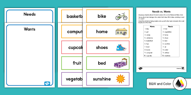 Wants Versus Needs Worksheets Primary Wants Vs. Needs Sort Printable