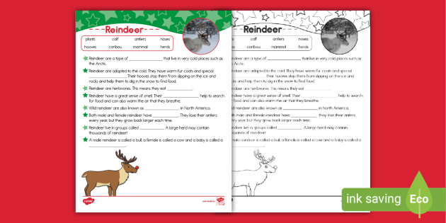 Christmas in Canada Reindeer Cloze Activity - Grades K-3