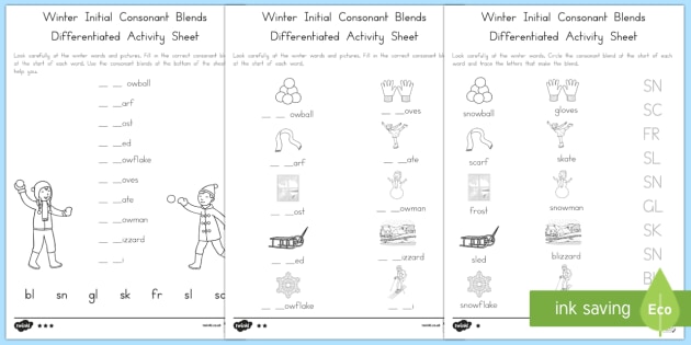 Winter Initial Consonant Blends Differentiated Worksheet