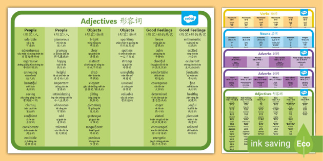 Adjectives, Adverbs and Verbs Word Mats English/Mandarin Chinese-Pinyin