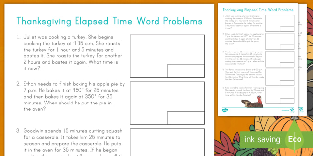 Thanksgiving Elapsed Time Word Problems - measurement, problem