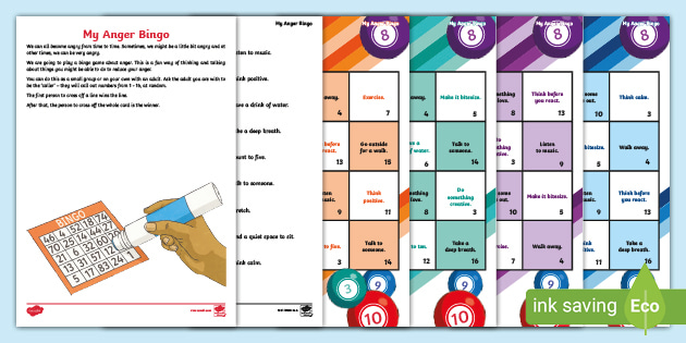 My Anger Bingo Worksheet