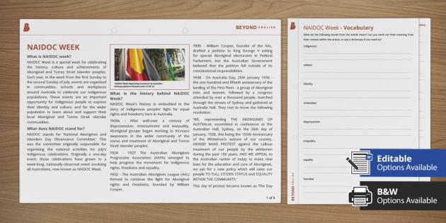 FREE! - Year 7- Year 10 NAIDOC Week Reading Comprehension Sheet