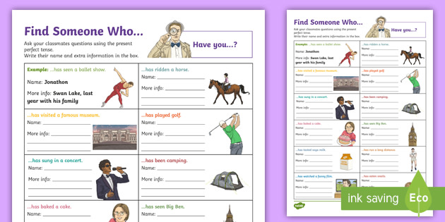 * NEW * TEFL ESL Present Perfect 'Find Someone Who' Speaking Activity