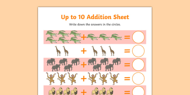 Safari Themed Up to 10 Addition Sheet
