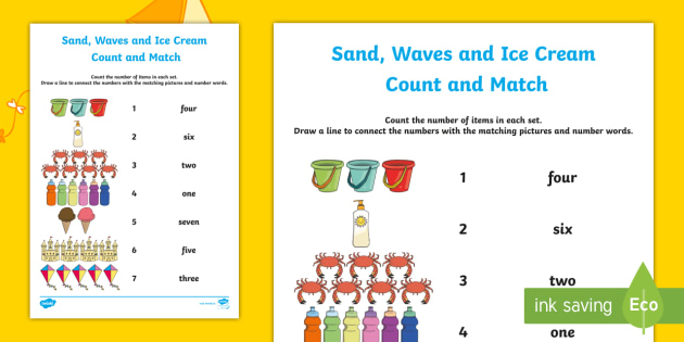 Sand, Waves and Ice Cream Counting and Matching Numbers Worksheet ...