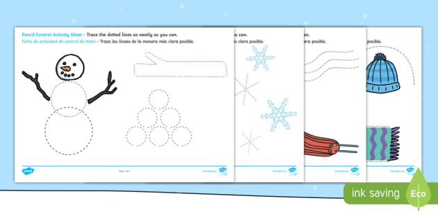 Winter Pencil Control Worksheet / Activity Sheets - English / Spanish
