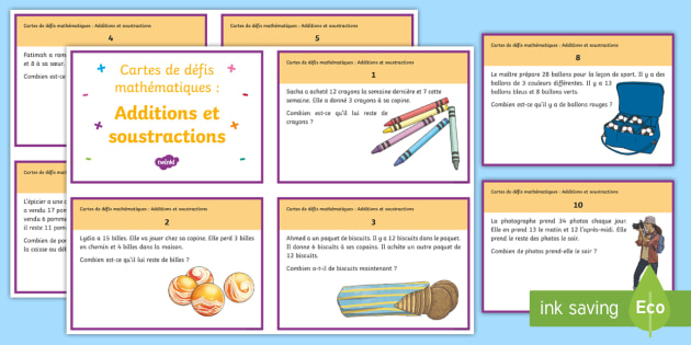 Cartes de défis de mathématiques : Additions et soustractions