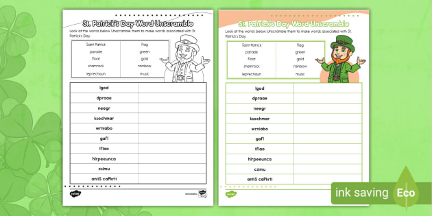 St. Patrick's Day Word Unscramble Activity - Grades K-3