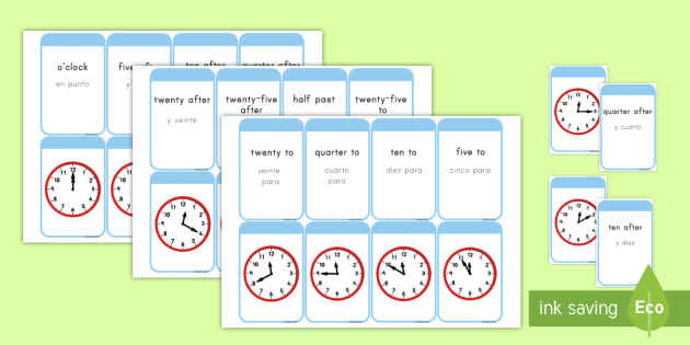 Telling the Time Matching Flash Cards English/Spanish