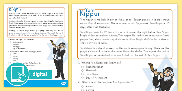 Second Grade Yom Kippur Reading Passage Comprehension Activity