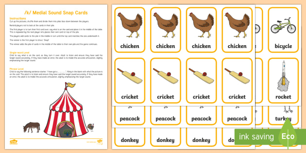 /k/ Medial Sound Snap Cards Worksheet (teacher made)