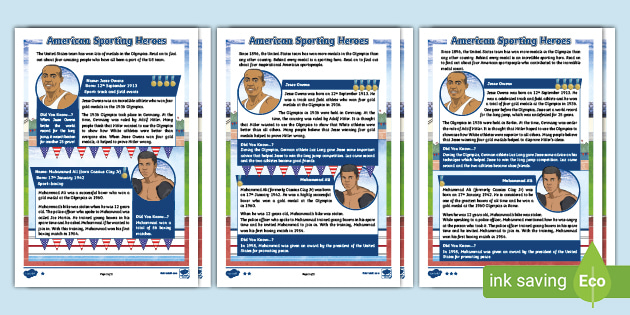 LKS2 American Sporting Heroes Differentiated Reading Comprehension Activity