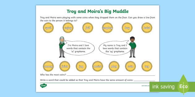 Troy and Moira 'oy' and 'oi' Coin Sorting Worksheet