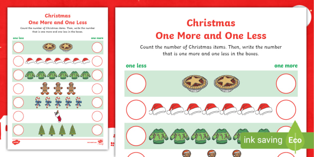 Christmas Themed One More and One Less Worksheet