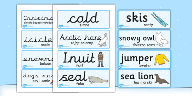 Winter Topic Word Cards Polish Translation - polish translation