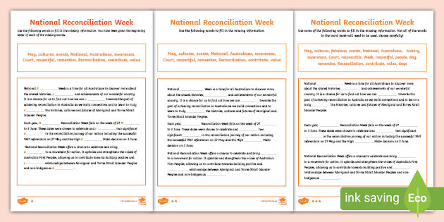 National Reconciliation Week Differentiated Cloze Activity