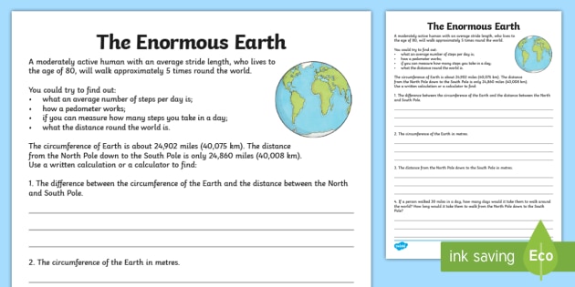 Enormous Earth Calculations Worksheet / Worksheet - earth, distance