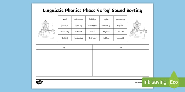 Linguistic Phonics Phase 4c 'oy' Sound Sorting Worksheet