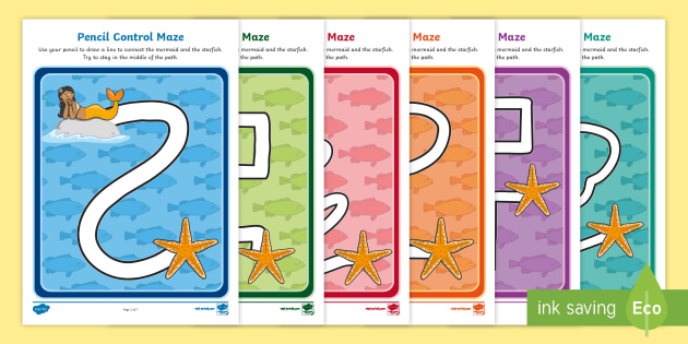 The Little Mermaid Pencil Control Path Worksheets - motor skills