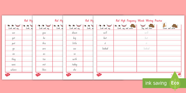 * NEW * Red High Frequency Words Writing Practise Worksheets