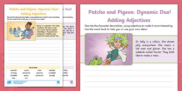 Patcho and Pigeon: Dynamic Duo! Adding Adjectives Worksheets